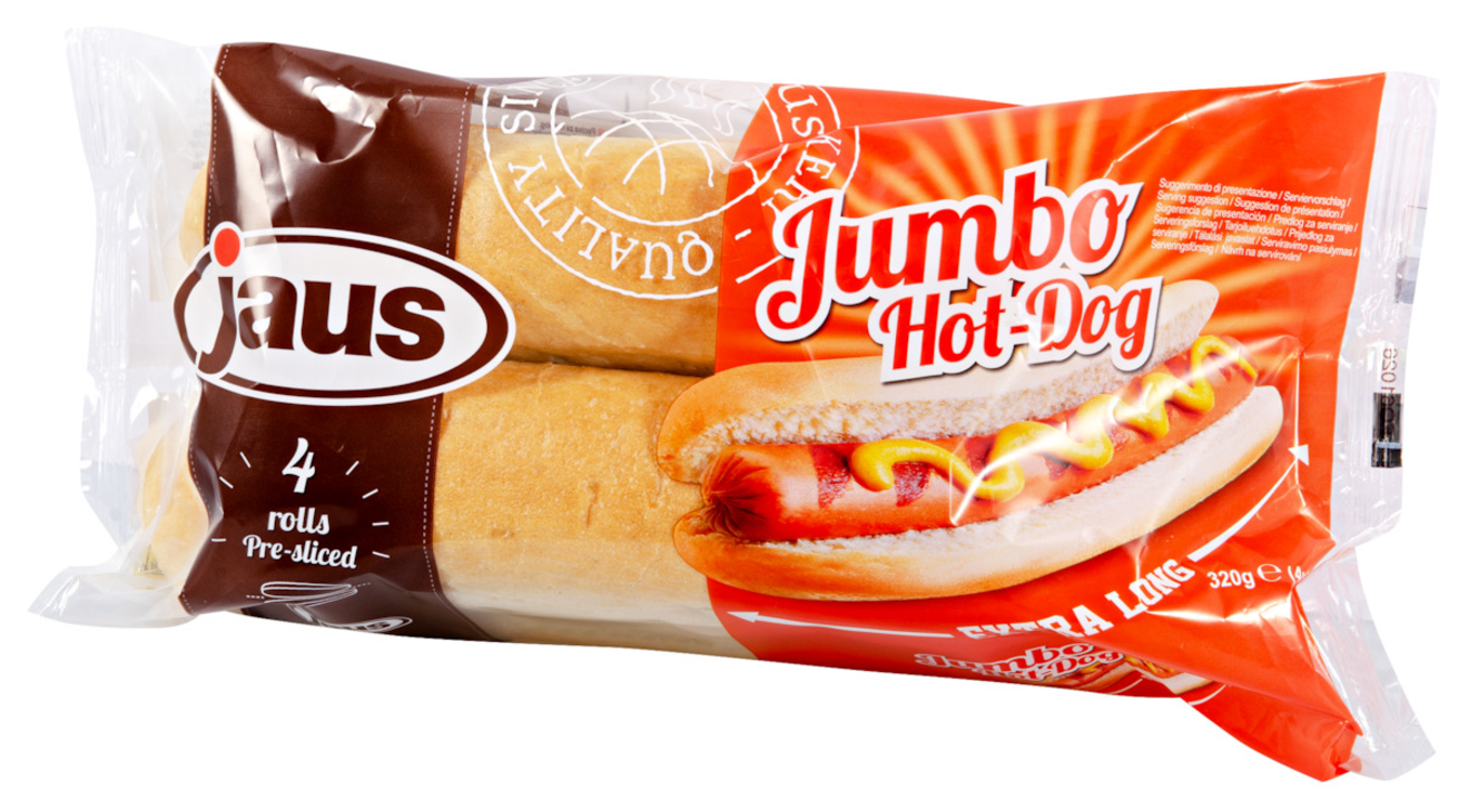 Jumbo hot dog buns extra long, Jaus, 4 x 80 g