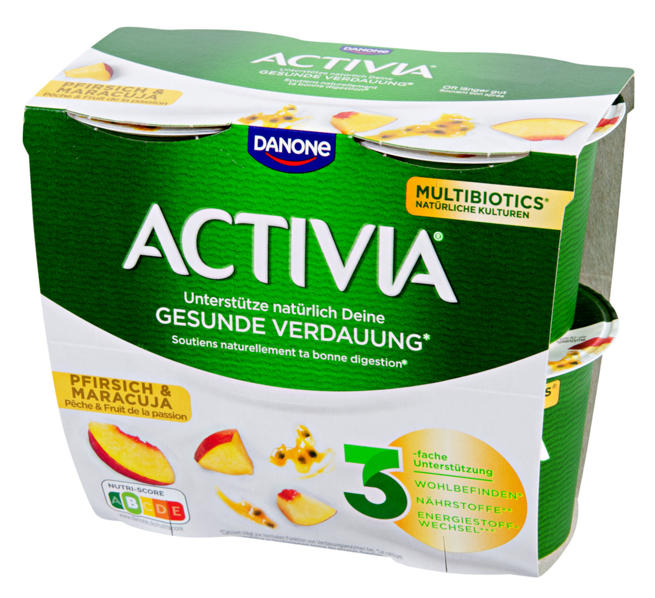 Activia pêche-fruits de la passion, Danone, 4 x 115 g